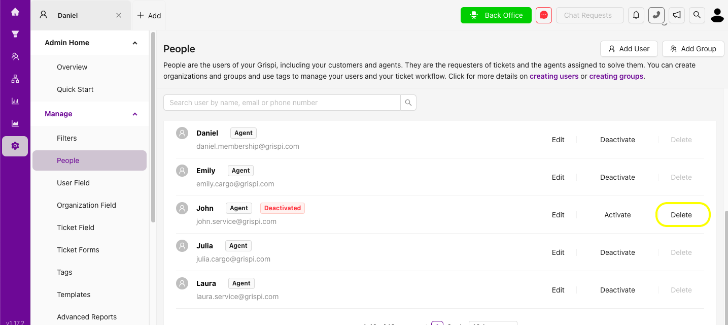 How do I delete a user? - Grispi Support